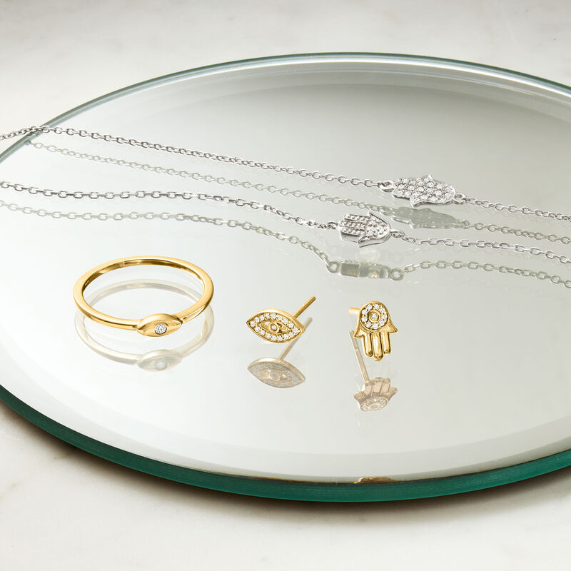 Diamond Hamsa Hand and Evil Eye Mismatched Earrings in 14kt Yellow Gold | Ross Simons | 6.3.0