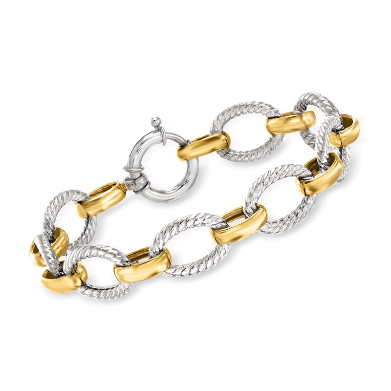 Two-Tone Sterling Silver Twisted-Oval Link Bracelet. 7"