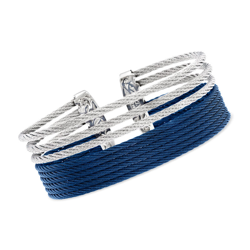 ALOR Blue and Gray Stainless Steel Cable Stacked Cuff Bracelet. 7.5 ...