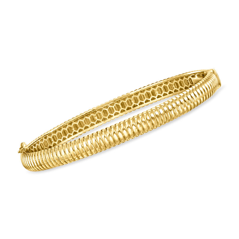 14kt Yellow Gold Textured and Polished Ribbed Bangle Bracelet. 8"