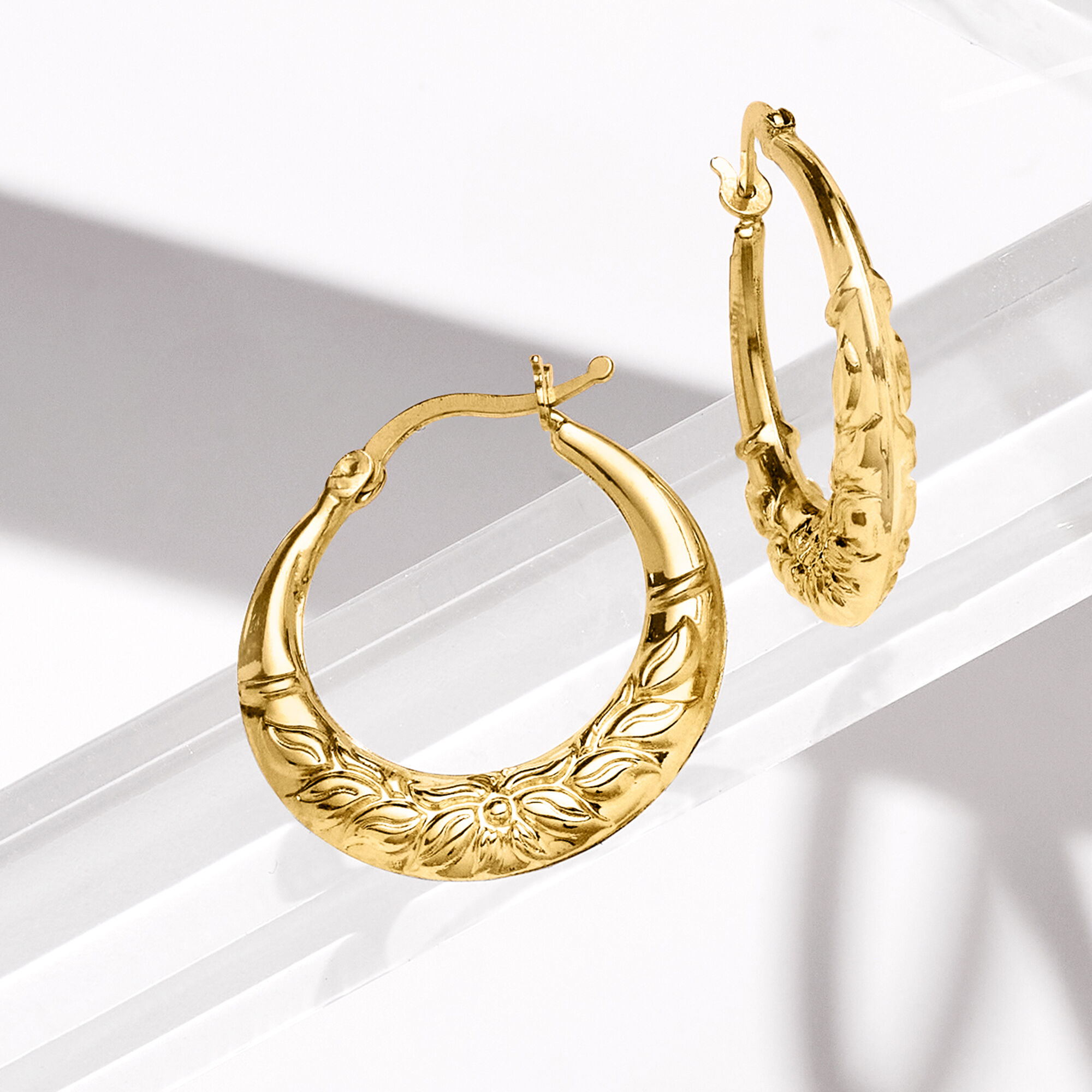 Ross Simons 14kt Yellow Gold Floral Hoop Earrings. 7 8