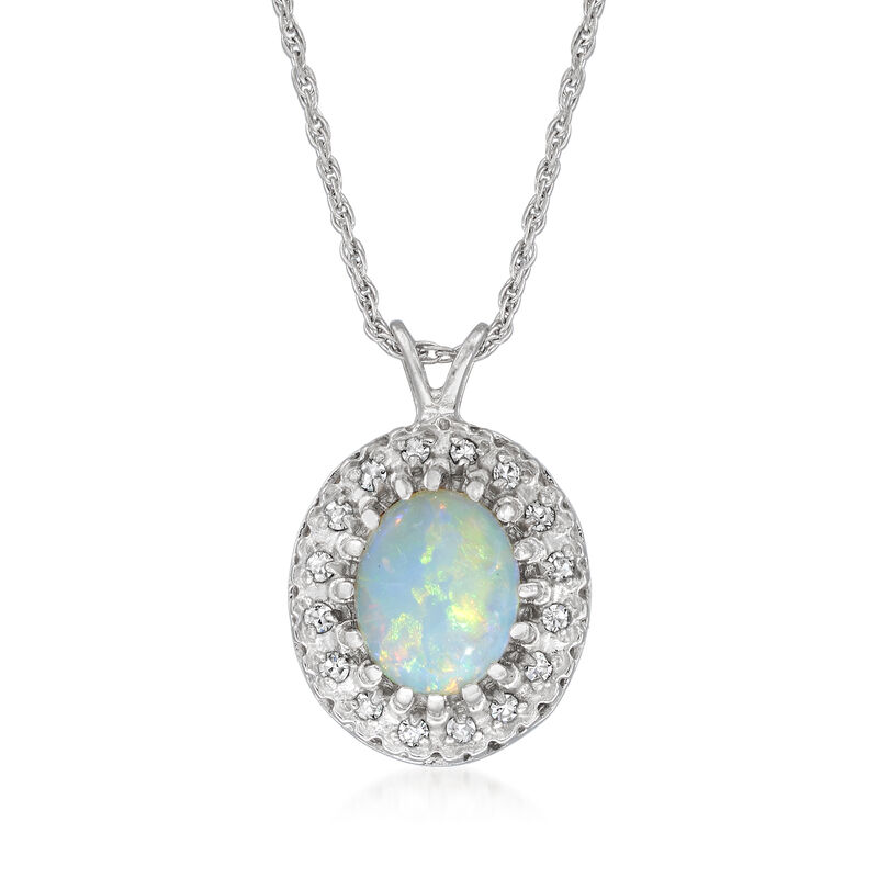 C. 1980 Vintage Opal and .20 ct. t.w. Diamond Pendant Necklace in 14kt ...
