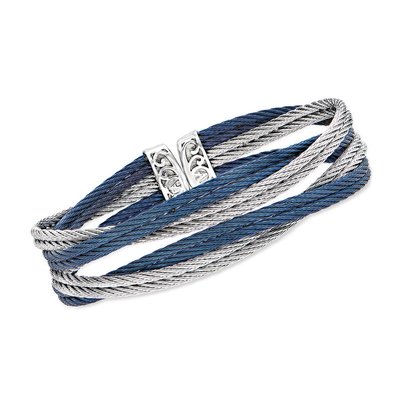 ALOR Blue and Gray Stainless Steel Cable Cuff Bracelet. 7" | Ross Simons