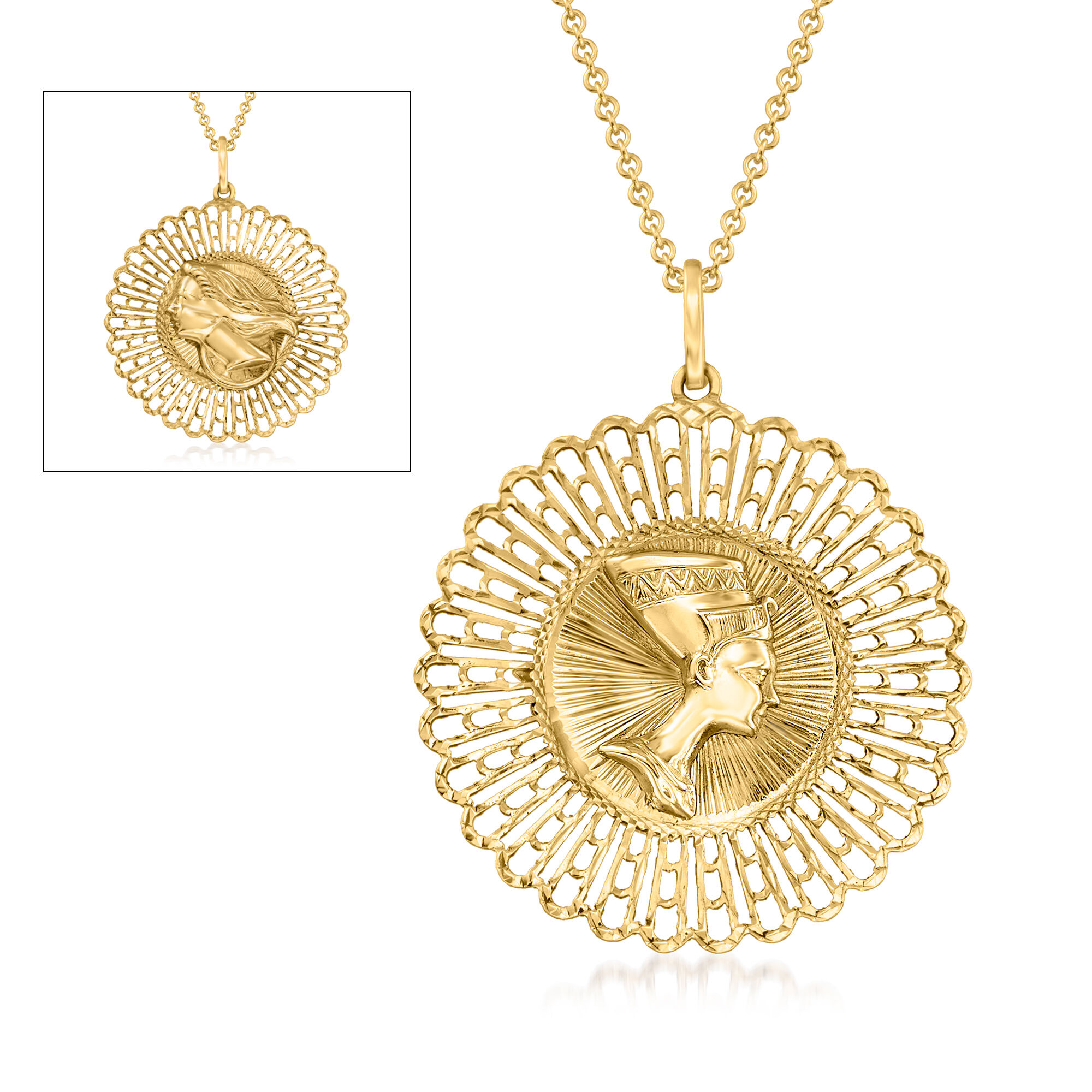C. 1970 Vintage 14kt Yellow Gold Double Sided Cleopatra and Lady Justice Pendant Necklace