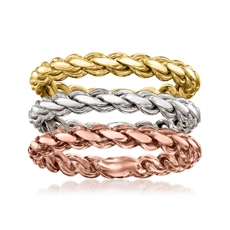 Tri-Colored Sterling Silver Jewelry Set: Three Roped Rings | Ross Simons