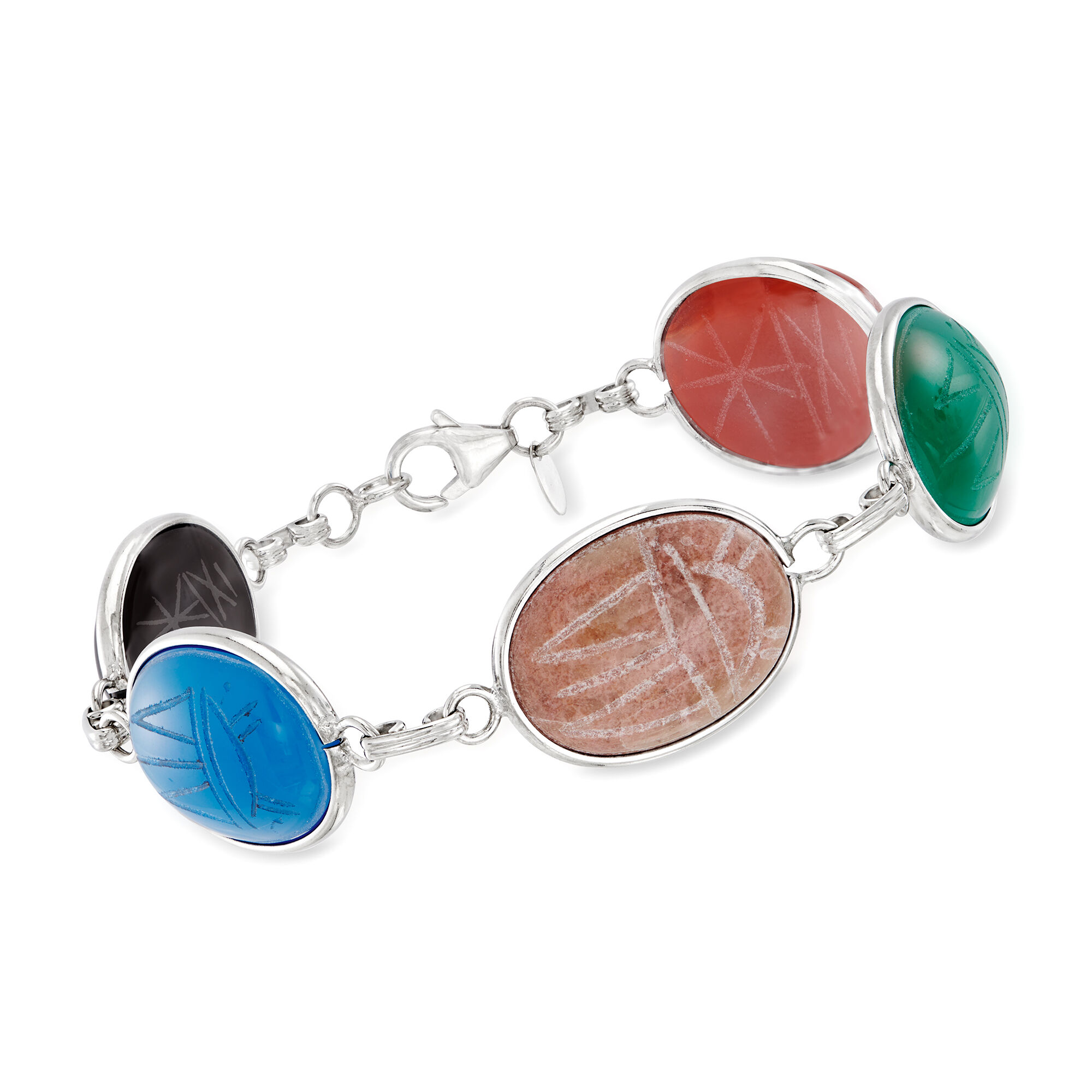Multi Gemstone Scarab Bracelet in Sterling Silver. 7.5