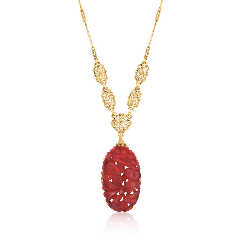 C. 1950 Vintage Carved Carnelian Necklace in 14kt Yellow Gold. 15.25 ...