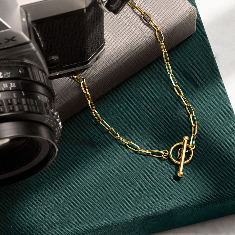 3mm 10kt Yellow Gold Paper Clip Link Toggle Necklace