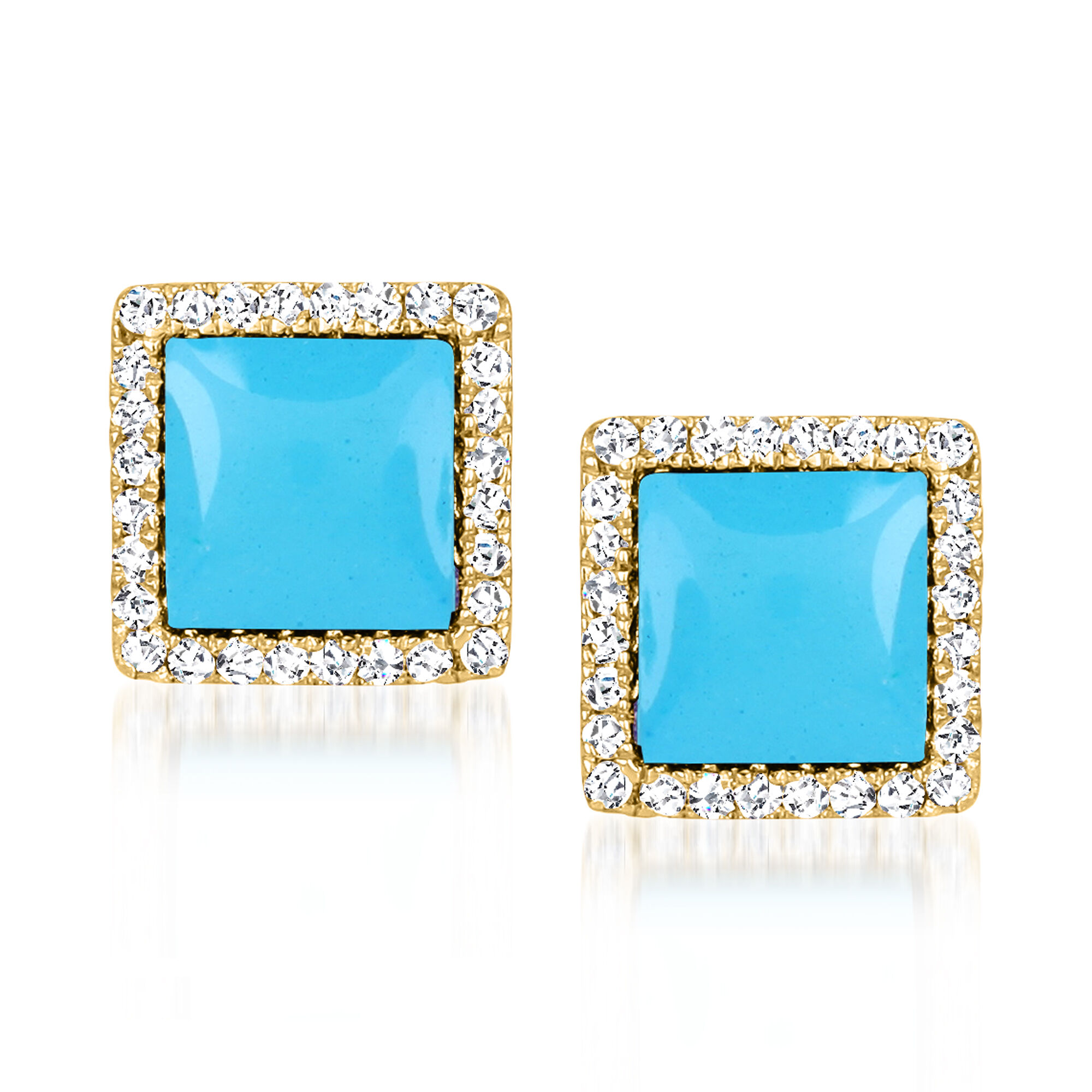Turquoise and .14 ct. t.w. Diamond Square Earrings in 14kt Yellow Gold