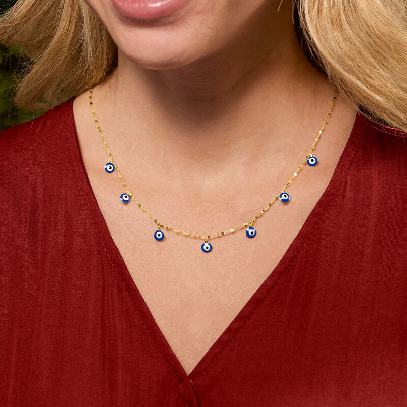 Italian Multicolored Enamel Evil Eye Station Necklace in 14kt Yellow Gold | Ross Simons