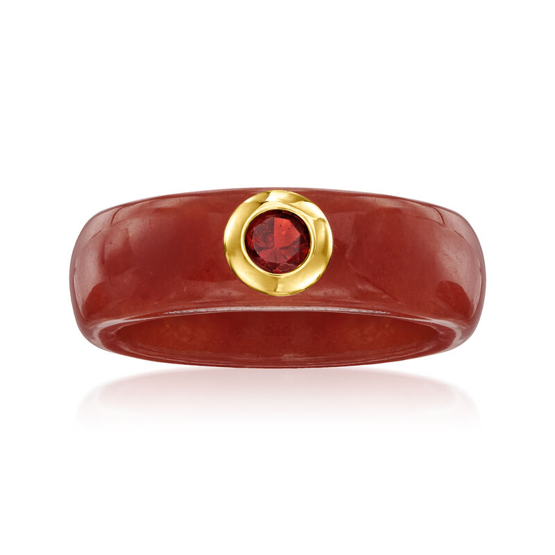 Red Jade and .30 Carat Garnet Ring in 14kt Yellow Gold