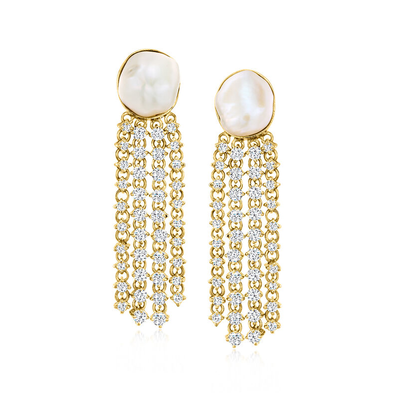 11-12mm Cultured Baroque Pearl and 5.50 ct. t.w. White Topaz Drop Earrings in 18kt Gold Over ...