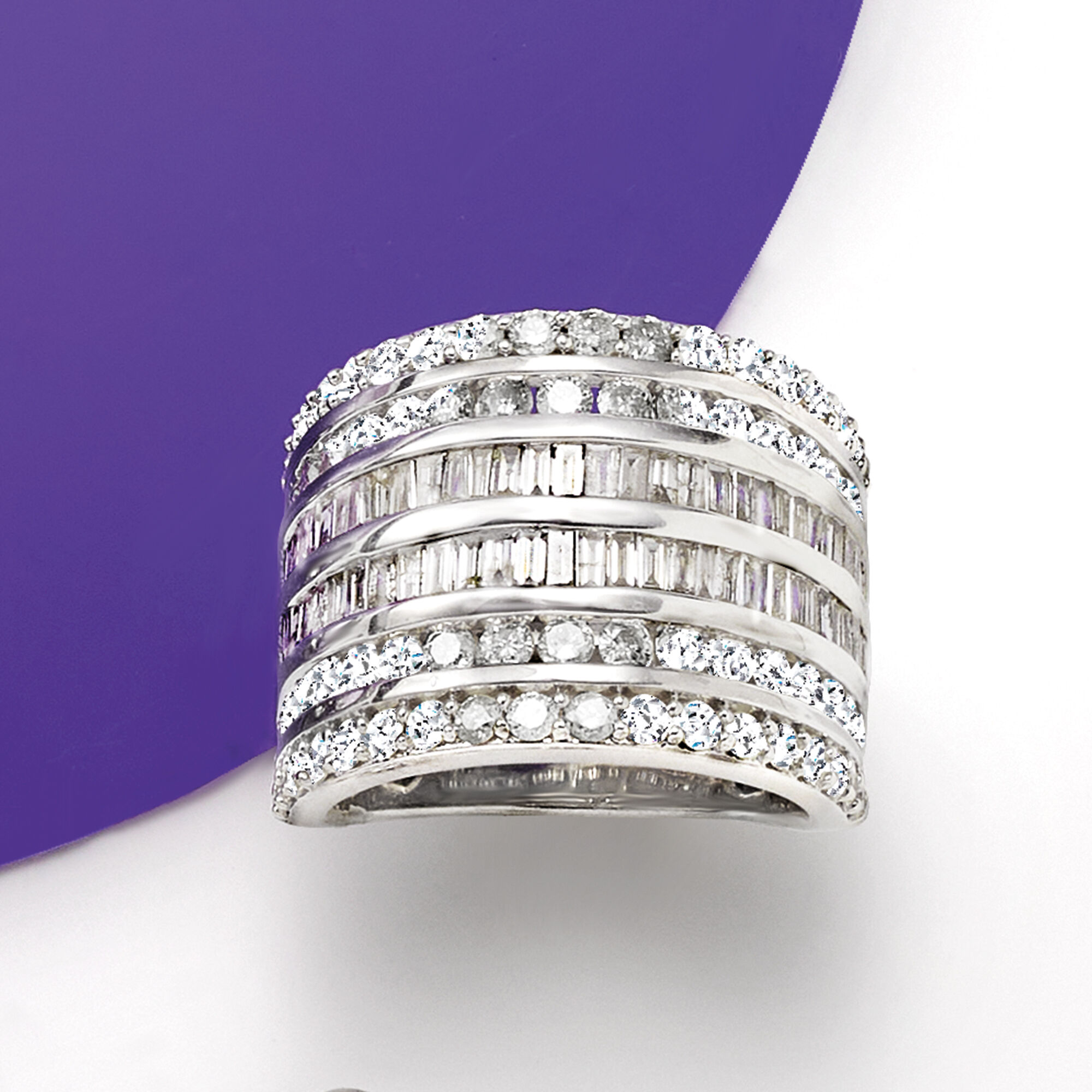 Ross Simons 3 CTW Baguette Round Diamond Multi Row Ring in Silver. Size 6