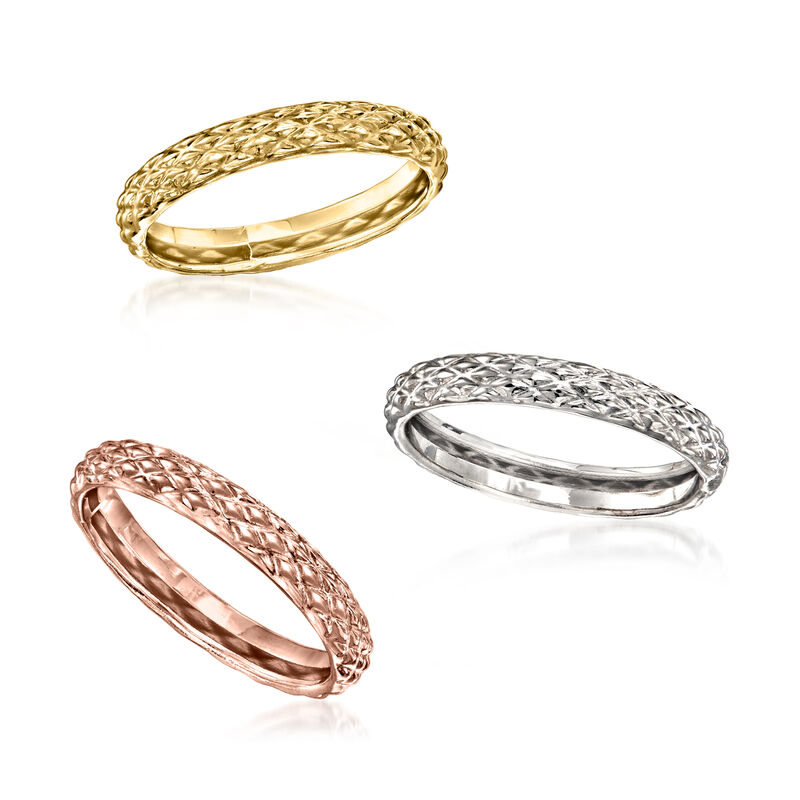18kt Tri-Colored Gold Jewelry Set: Three Quilted Textured Rings