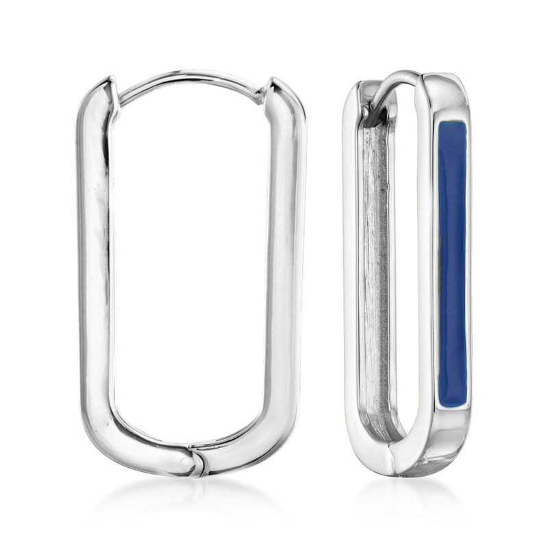 Blue Enamel Paper Clip Link Hoop Earrings in Sterling Silver. 1"