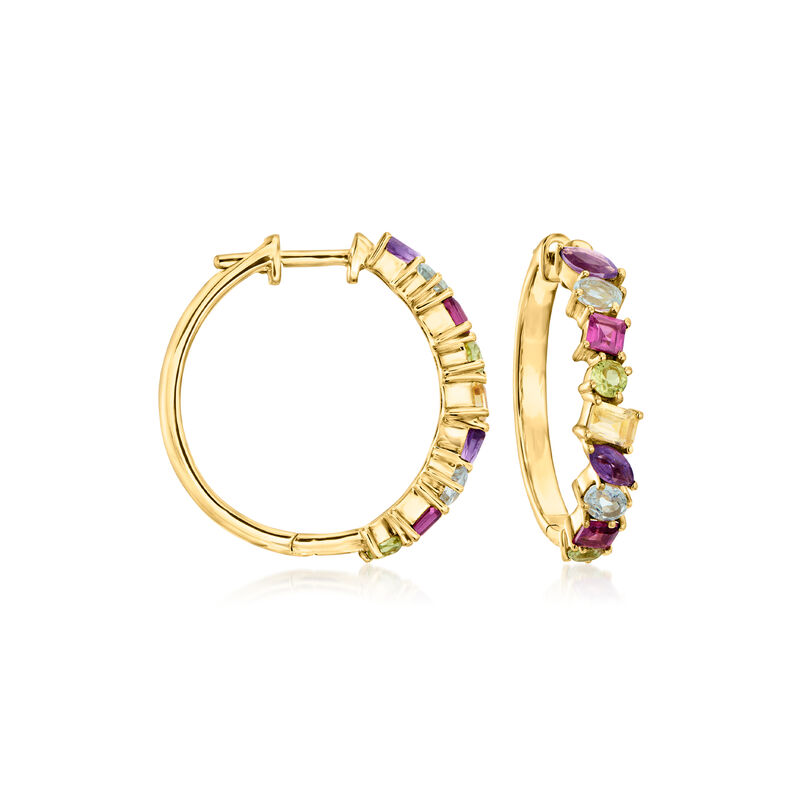 2.50 ct. t.w. Multi-Gemstone Hoop Earrings in 18kt Gold Over Sterling. 7/8"
