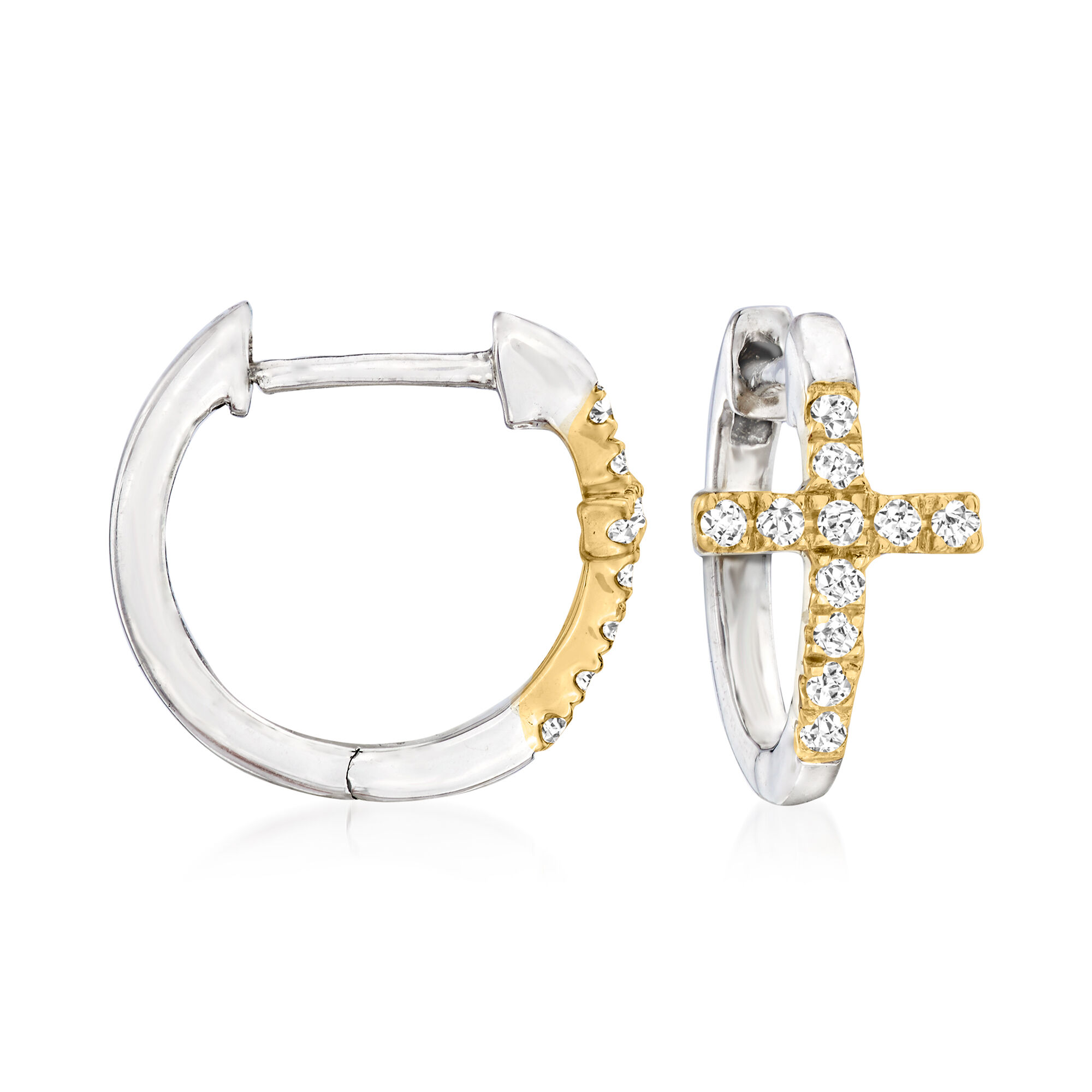 15 ct. t.w. Diamond Cross Huggie Hoop Earrings in Sterling Silver and 14kt Yellow Gold. 3 8