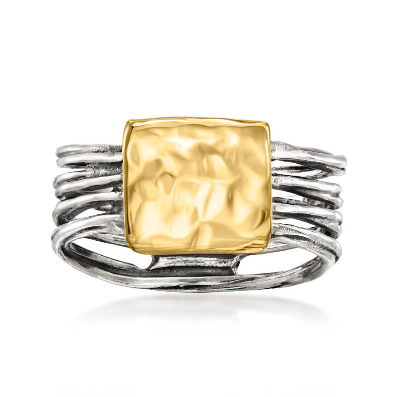 Sterling Silver and 14kt Yellow Gold Hammered Square Ring