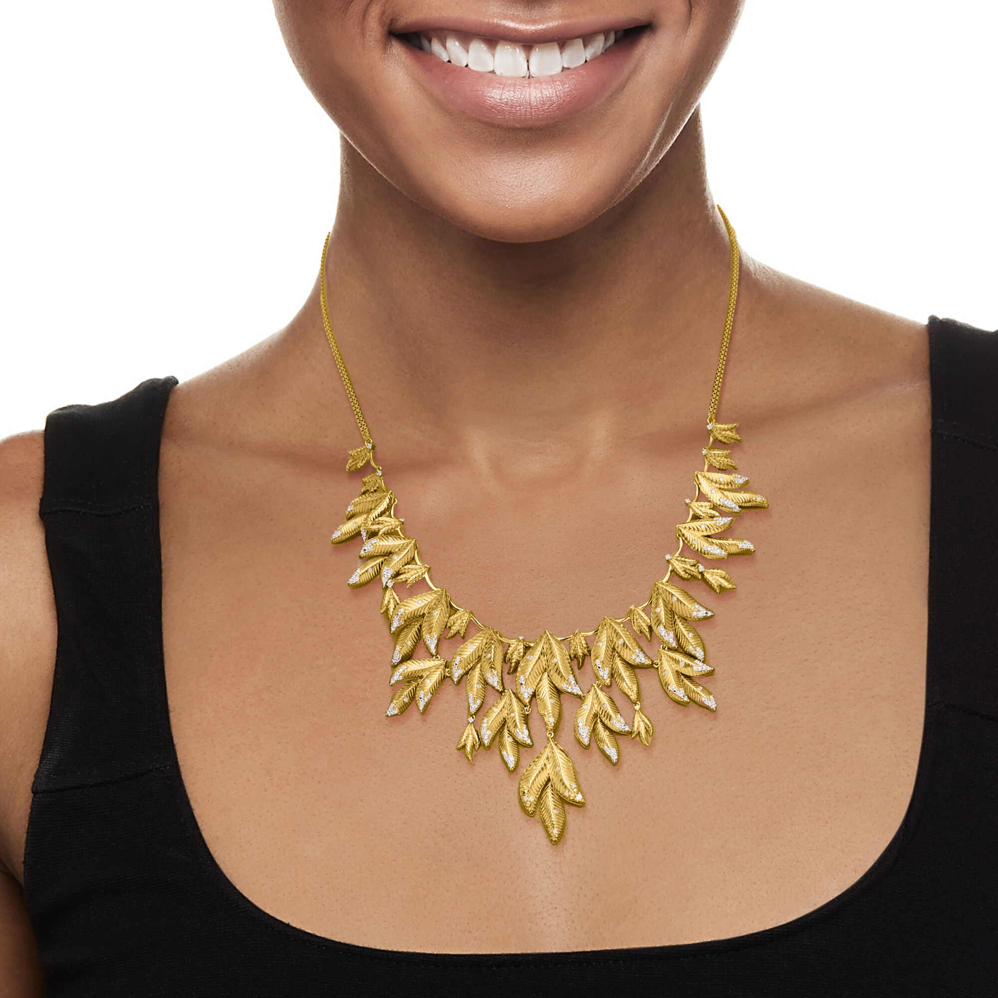 1.05 ct. t.w. Diamond Leaf Collar Necklace in 18kt Gold Over Sterling