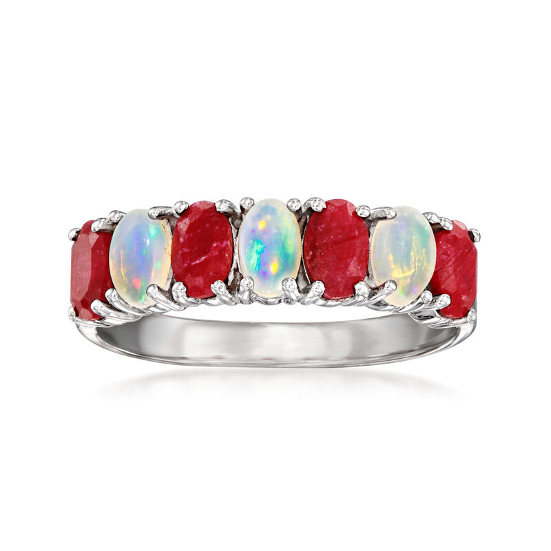 Opal and 1.30 ct. t.w. Ruby Ring in Sterling Silver