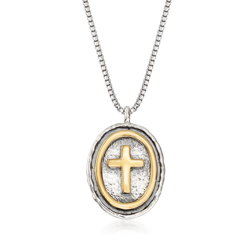 Sterling Silver and 14kt Yellow Gold Oval Cross Necklace | Ross Simons