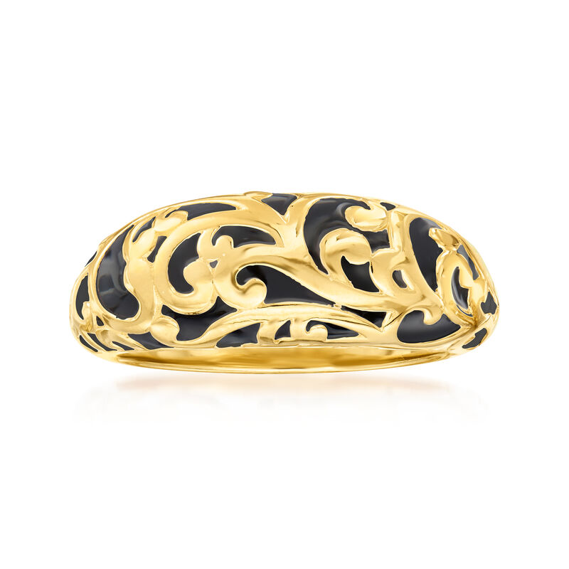 Black Enamel Scrollwork Dome Ring in 18kt Gold Over Sterling