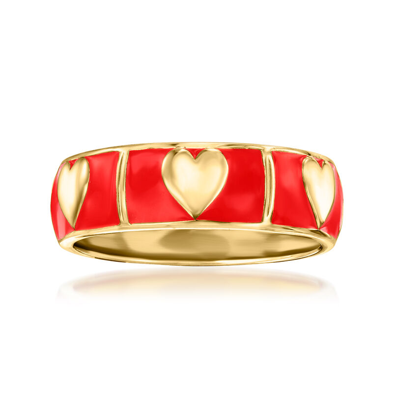 Red Enamel and 18kt Gold Over Sterling Heart Ring | Ross Simons