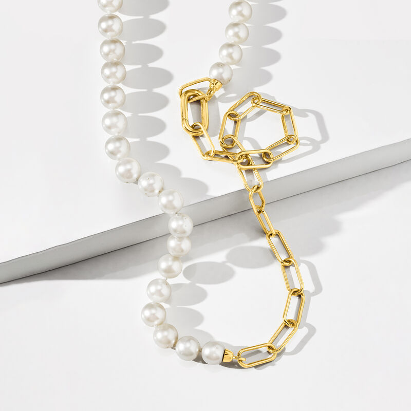8-8.5mm Cultured Pearl and Paper Clip Link Necklace in 18kt Gold Over ...