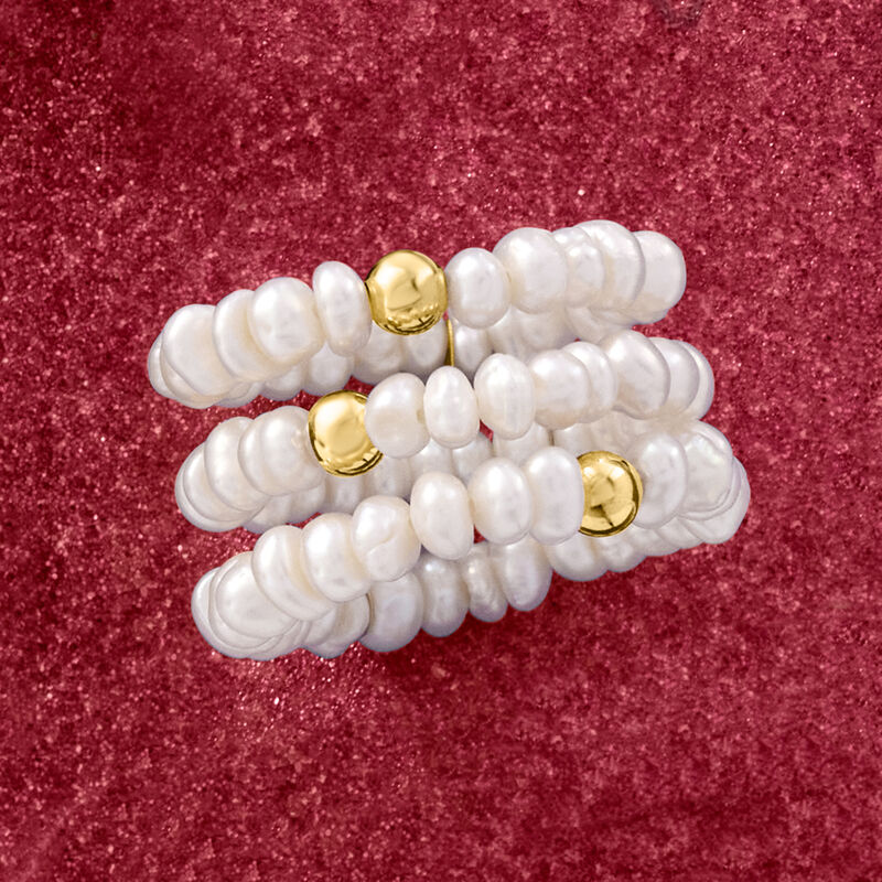 3-4mm Cultured Pearl Jewelry Set: Three Stretch Rings with 14kt Yellow ...
