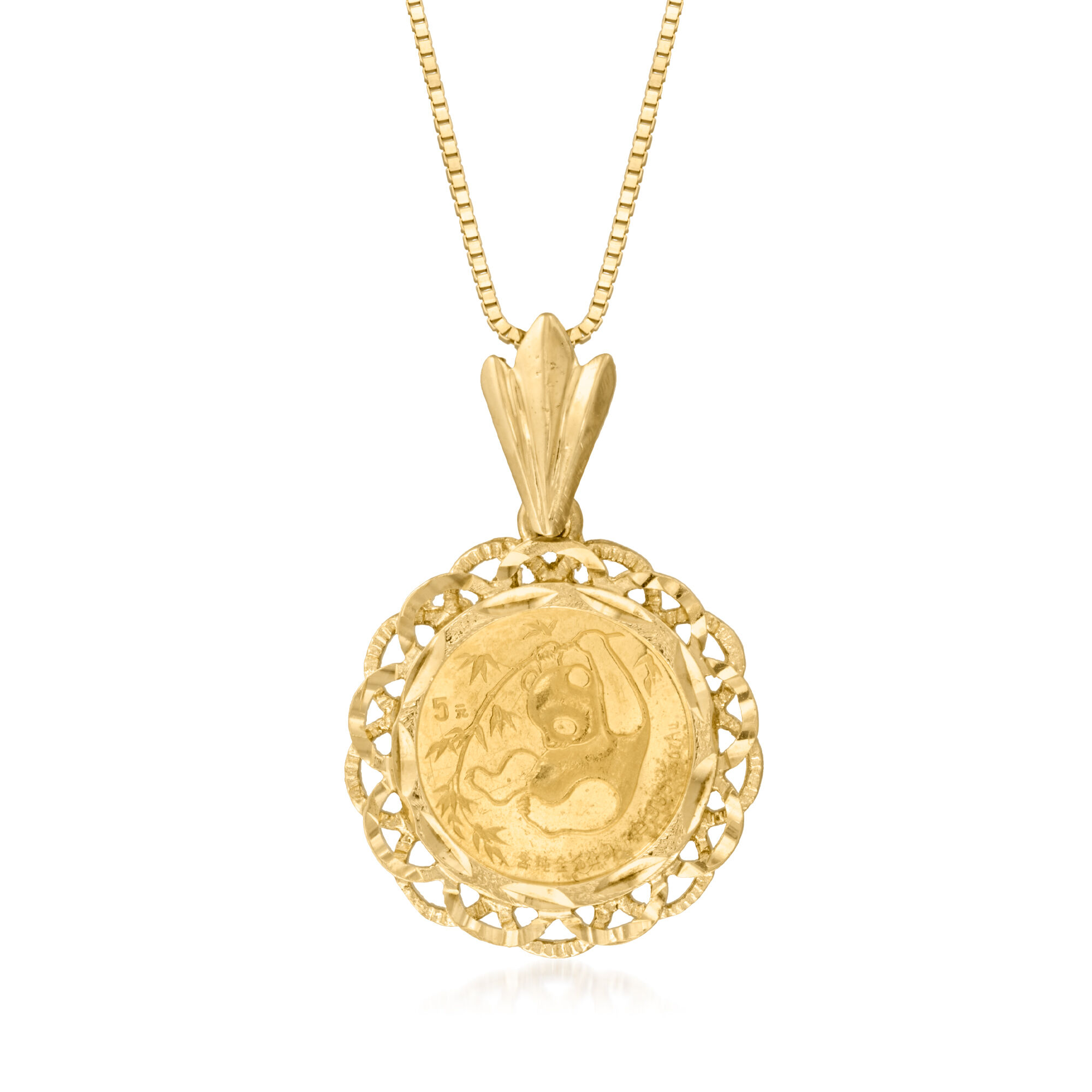 C. 1980 Vintage 22kt Yellow Gold Five Dollar Panda Coin Pendant Necklace in 14kt Yellow Gold