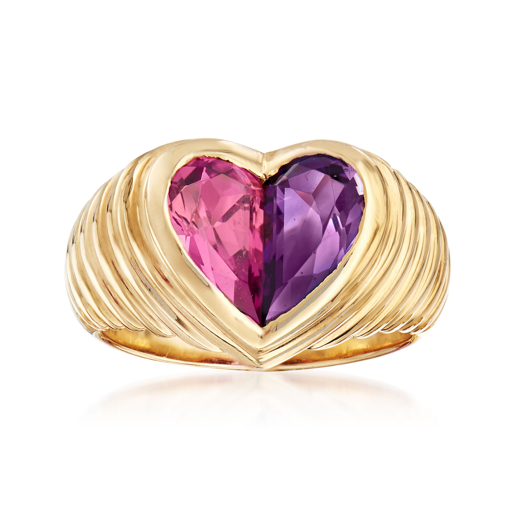 C. 1990 Vintage Bulgari 1.25 Carat Pink Tourmaline and 1.10 Carat Amethyst Heart Ring in 18kt Yellow Gold