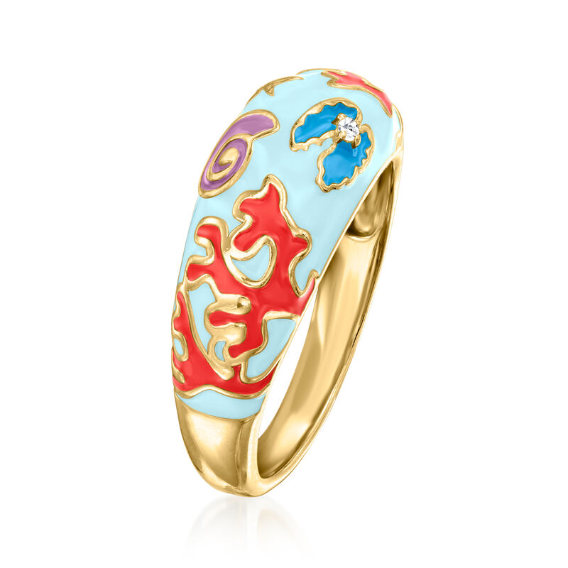 Multicolored Enamel Sea Life Ring with White Topaz Accent in 18kt Gold ...
