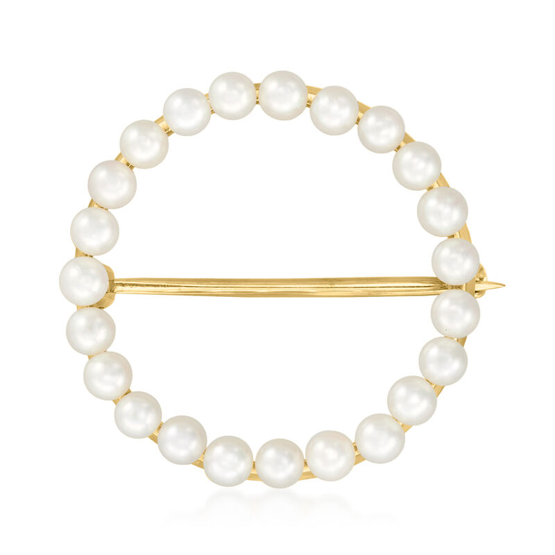 C. 1990 Vintage White Pearl Open-Space Circle Pin in 14kt Yellow Gold ...