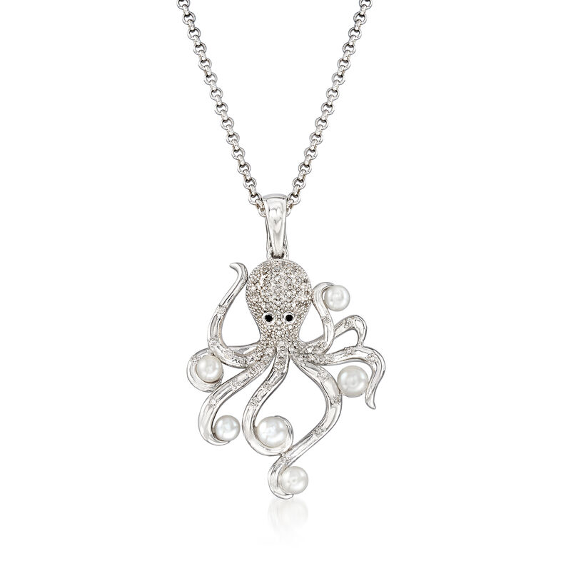 3.5-4.5mm Cultured Pearl and .19 ct. t.w. Diamond Octopus Pendant Necklace in Sterling Silver. 18"