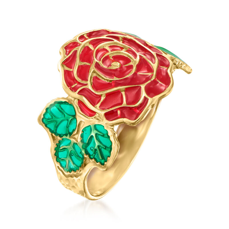 Italian Red and Green Enamel Rose Ring in 14kt Yellow Gold. Size 8