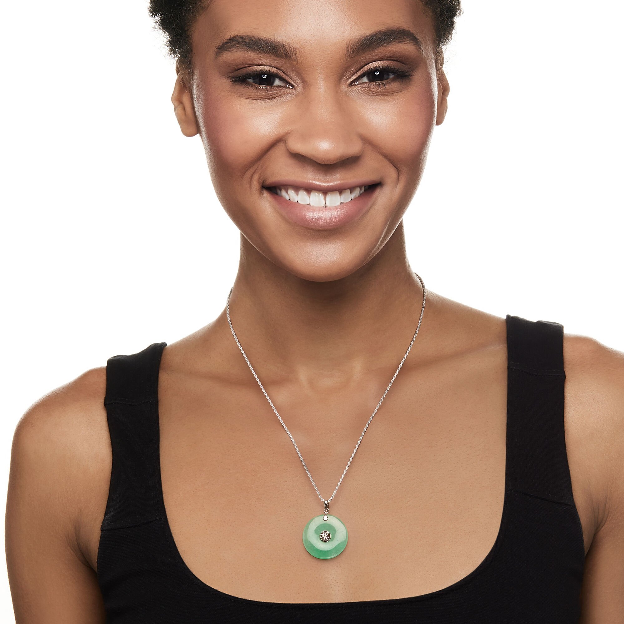 Ross Simons Jade Blessing Circle Pendant Necklace in Sterling Silver