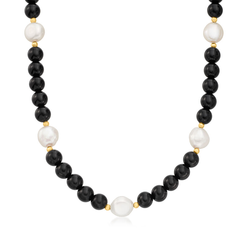 Onyx Bead and 11-12mm Cultured Baroque Pearl Necklace in 14kt Yellow Gold