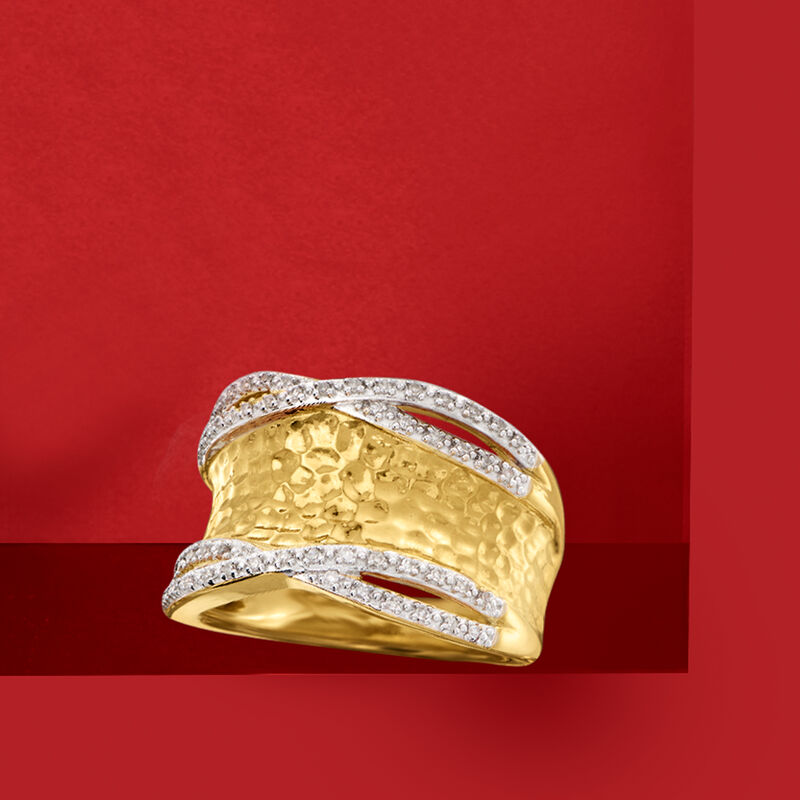 .13 ct. t.w. Diamond Hammered Ring in 18kt Gold Over Sterling