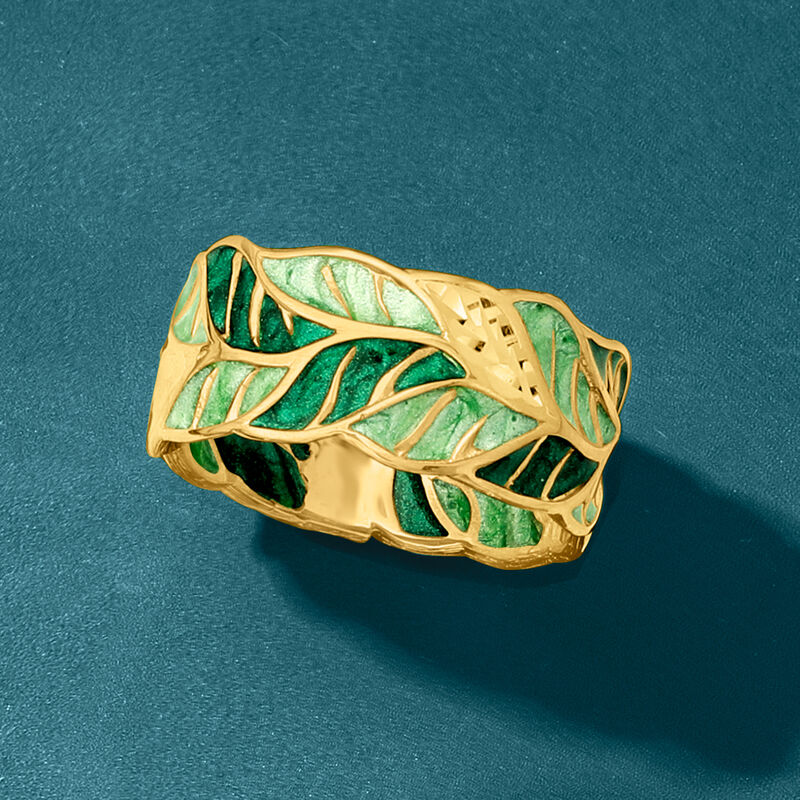 Italian Green Enamel Leaf Ring in 14kt Yellow Gold