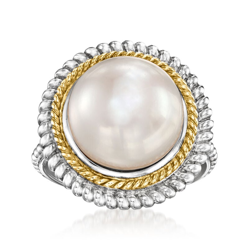 12-12.5mm Cultured Pearl Roped-Edge Ring in Sterling Silver and 14kt ...