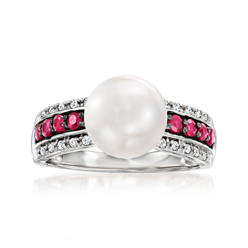 9mm Cultured Pearl, .40 ct. t.w. Ruby and .10 ct. t.w. Diamond Ring in ...
