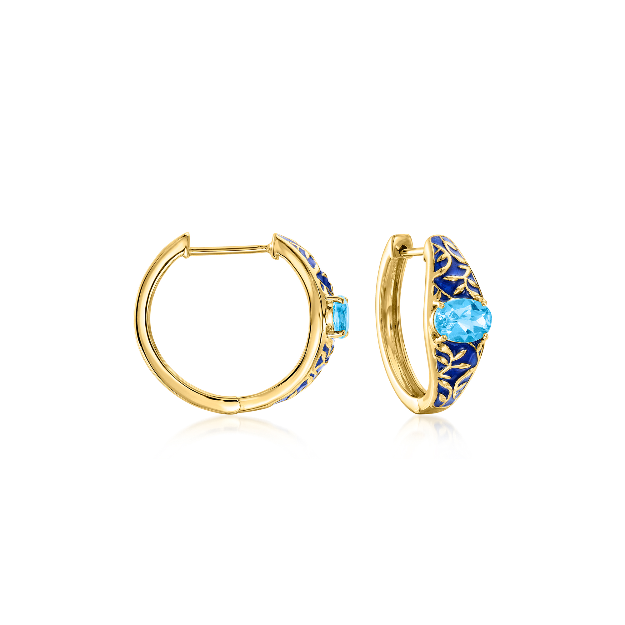 1.60 ct. t.w. Swiss Blue Topaz Vine Hoop Earrings with Blue Enamel in ...