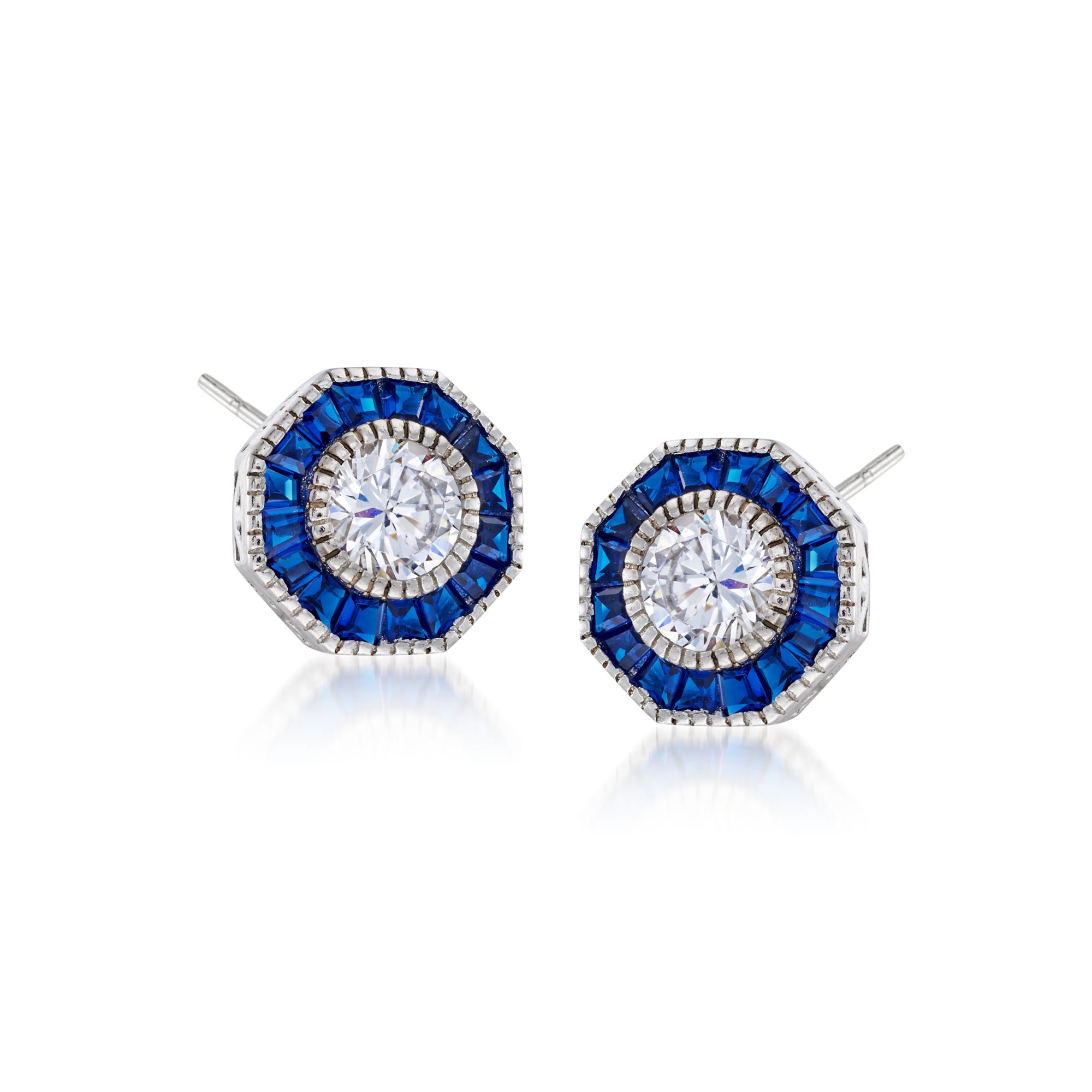 .60 ct. t.w. Simulated Sapphire and 1.00 ct. t.w. CZ Octagon Earrings ...