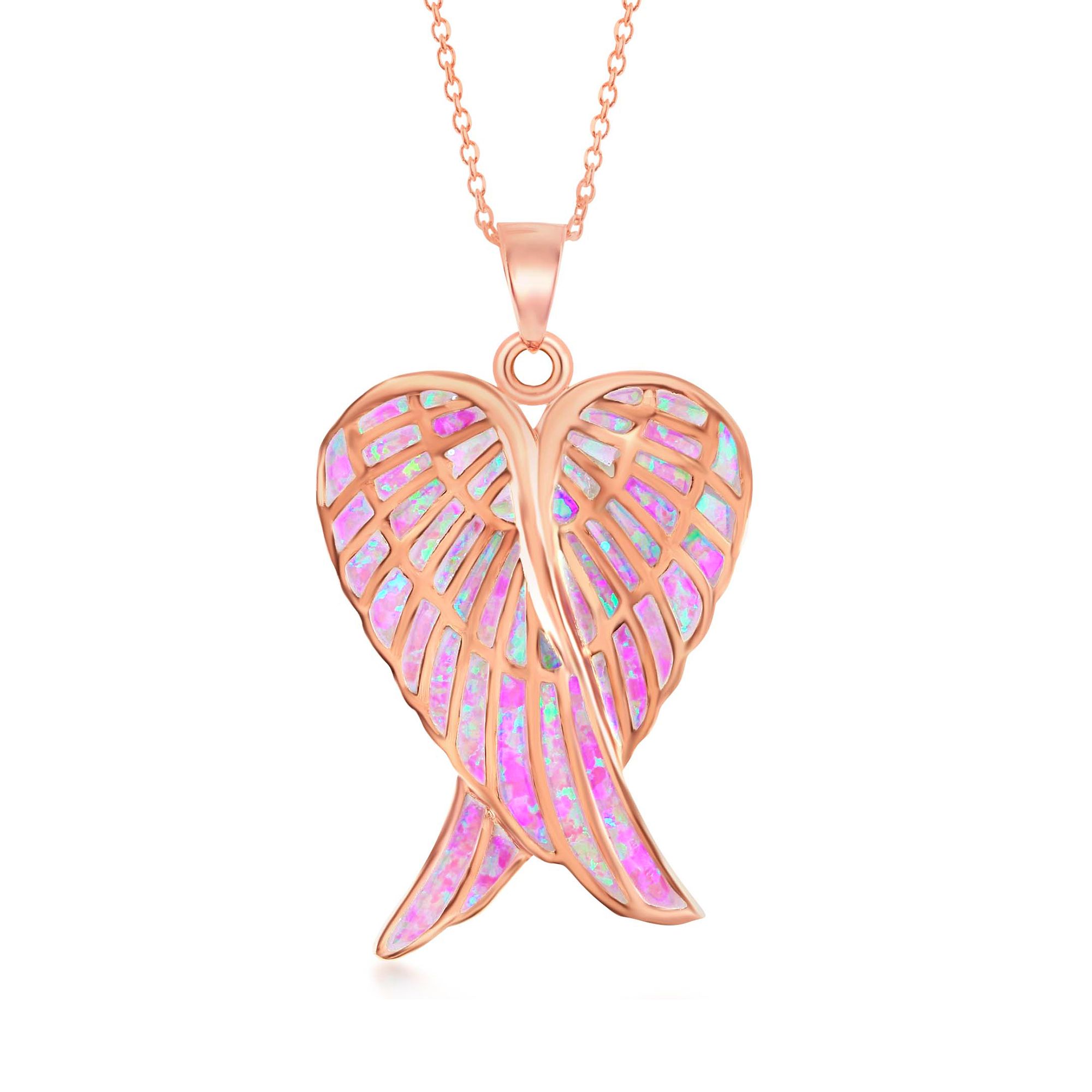 Ross Simons Pink Synthetic Opal Angel Wings Pendant Necklace Over Sterling. 18