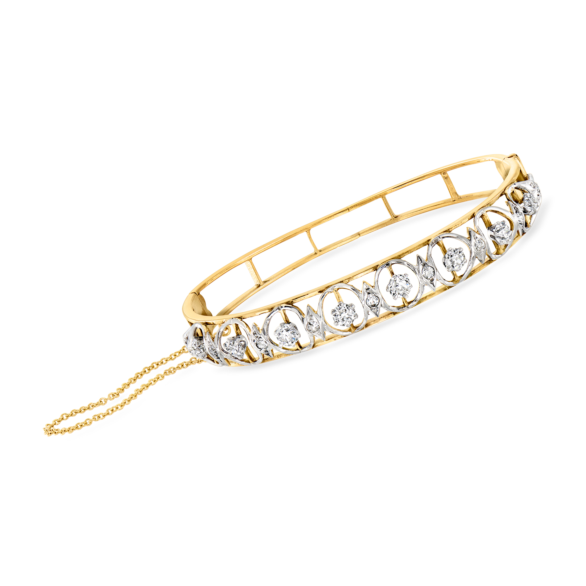 C. 1930 Vintage 1.45 ct. t.w. Diamond Openwork Bangle Bracelet in Platinum and 14kt Yellow Gold ...