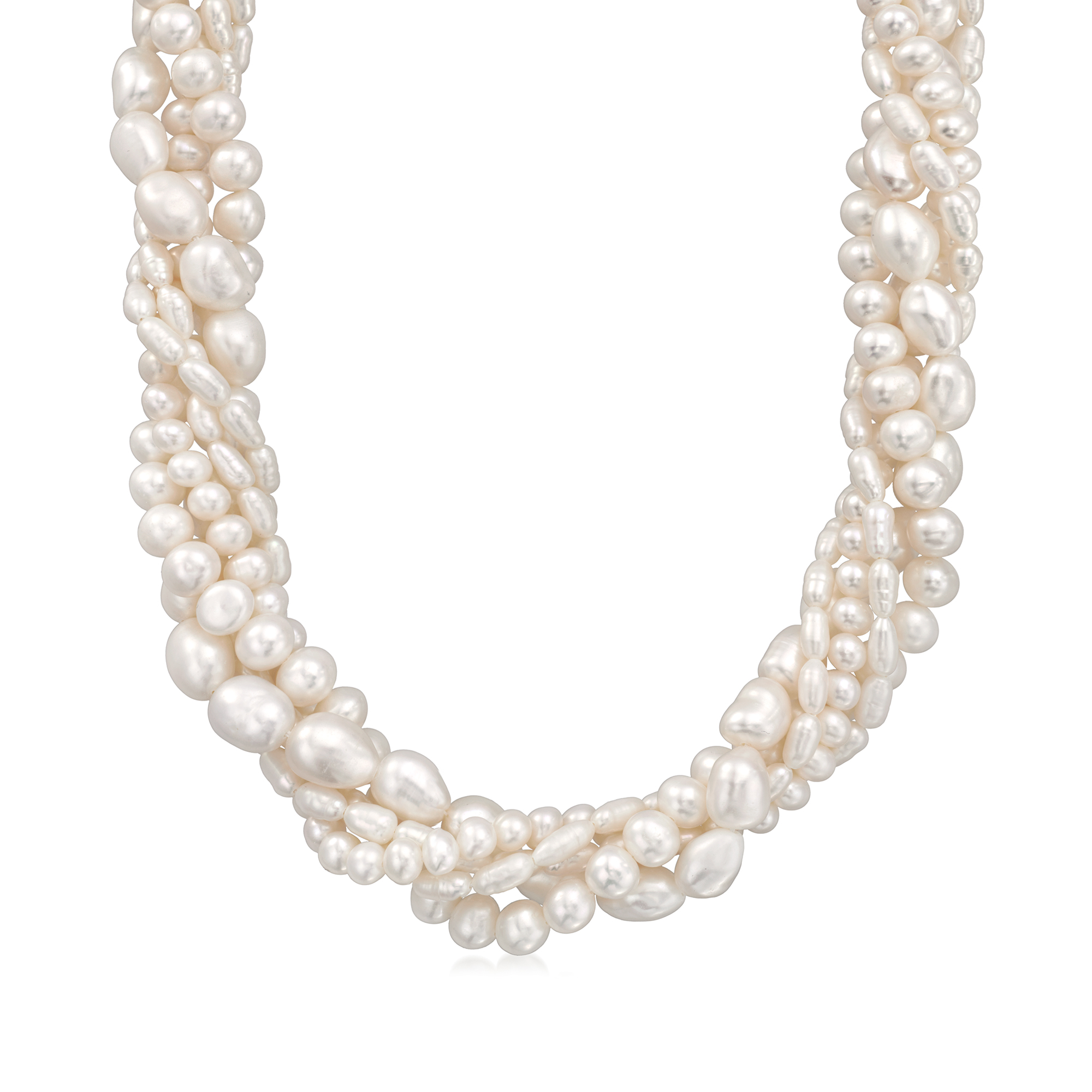 4-9mm Cultured Pearl Multi-Strand Torsade Necklace with Sterling Silver ...