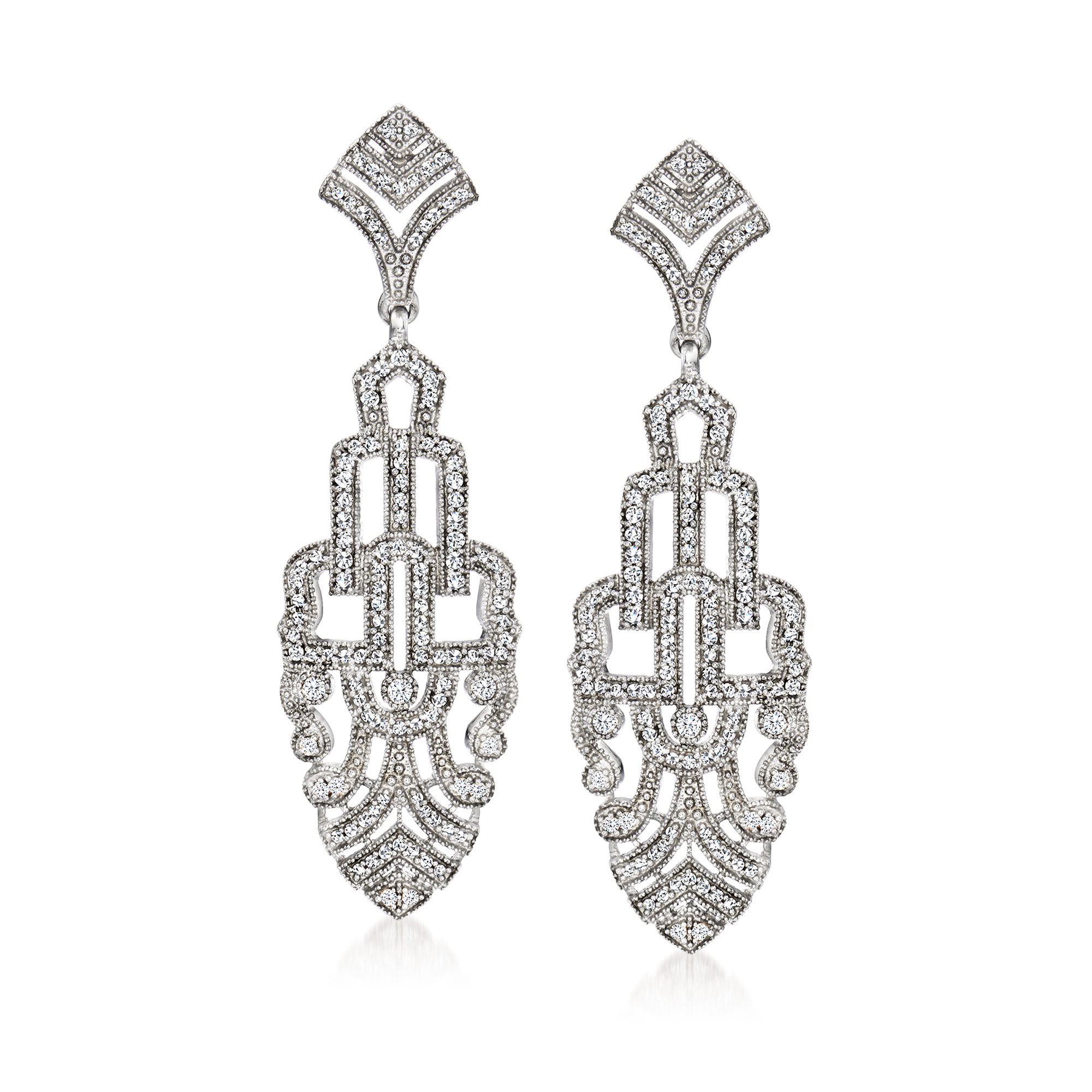 Ross Simons 1 CTW Diamond Art Deco Style Drop Earrings in Sterling Silver