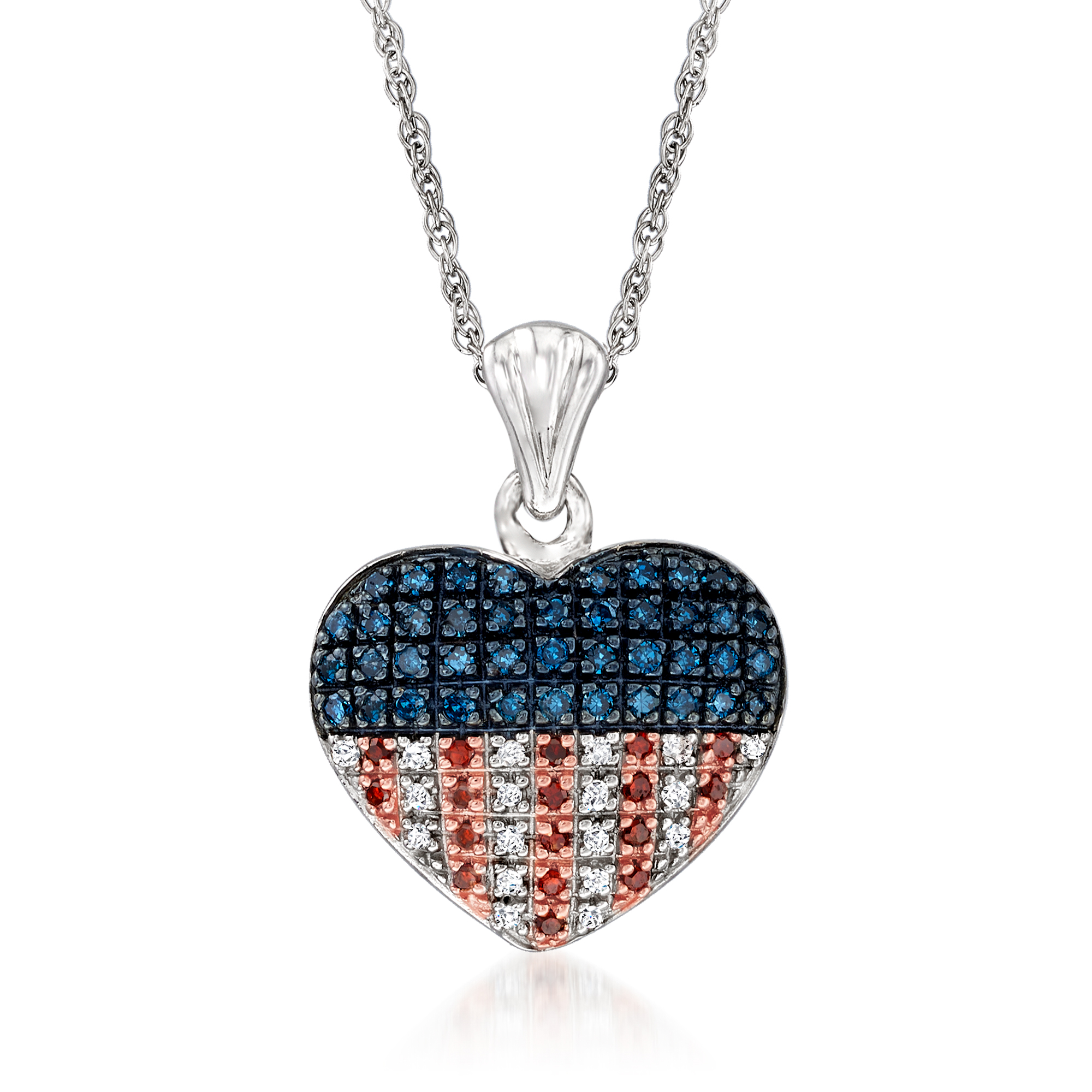 33 ct. t.w. Red White and Blue Diamond American Flag Heart Pendant Necklace in Sterling Silver