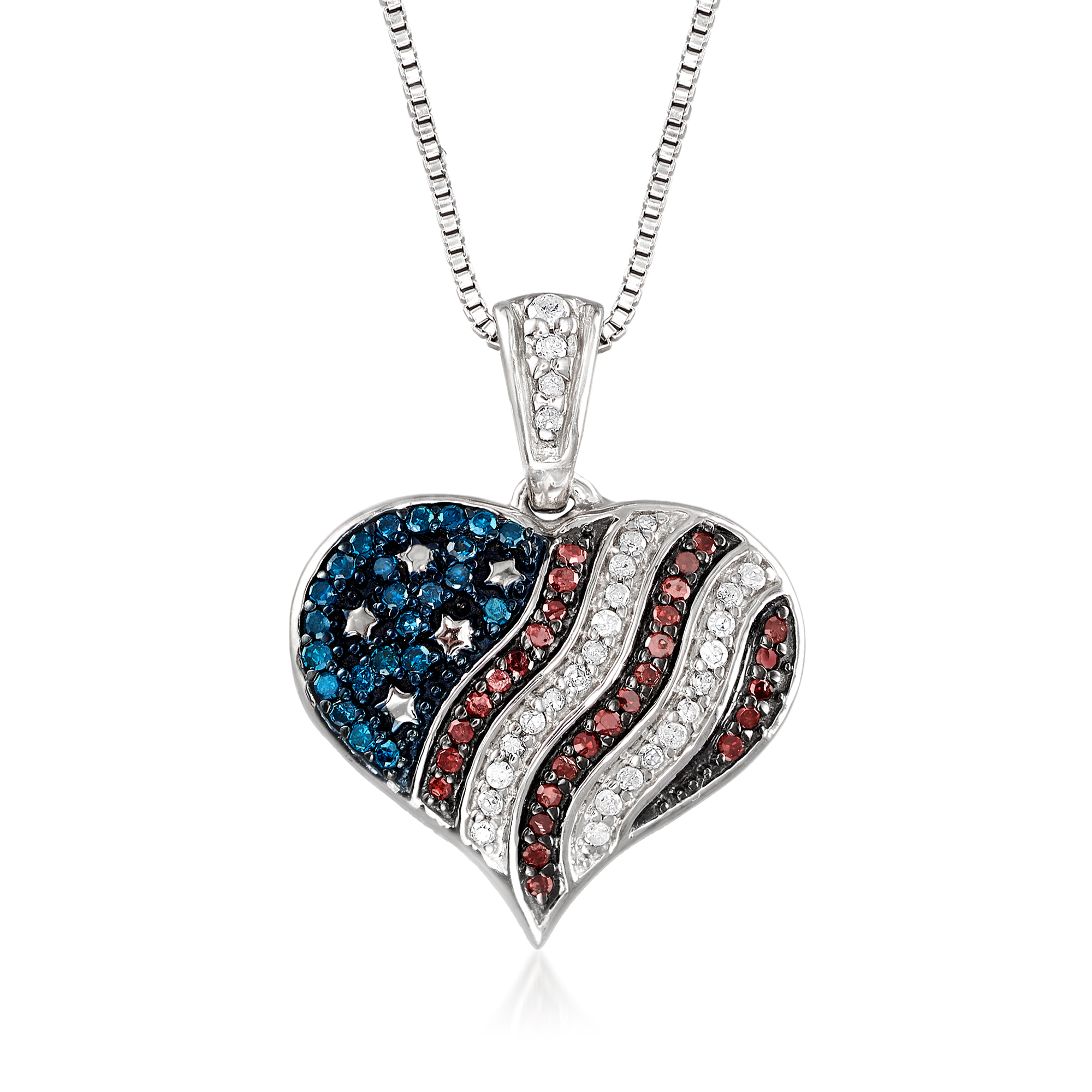 23 ct. t.w. Multicolored Diamond American Flag Heart Pendant Necklace in Sterling Silver