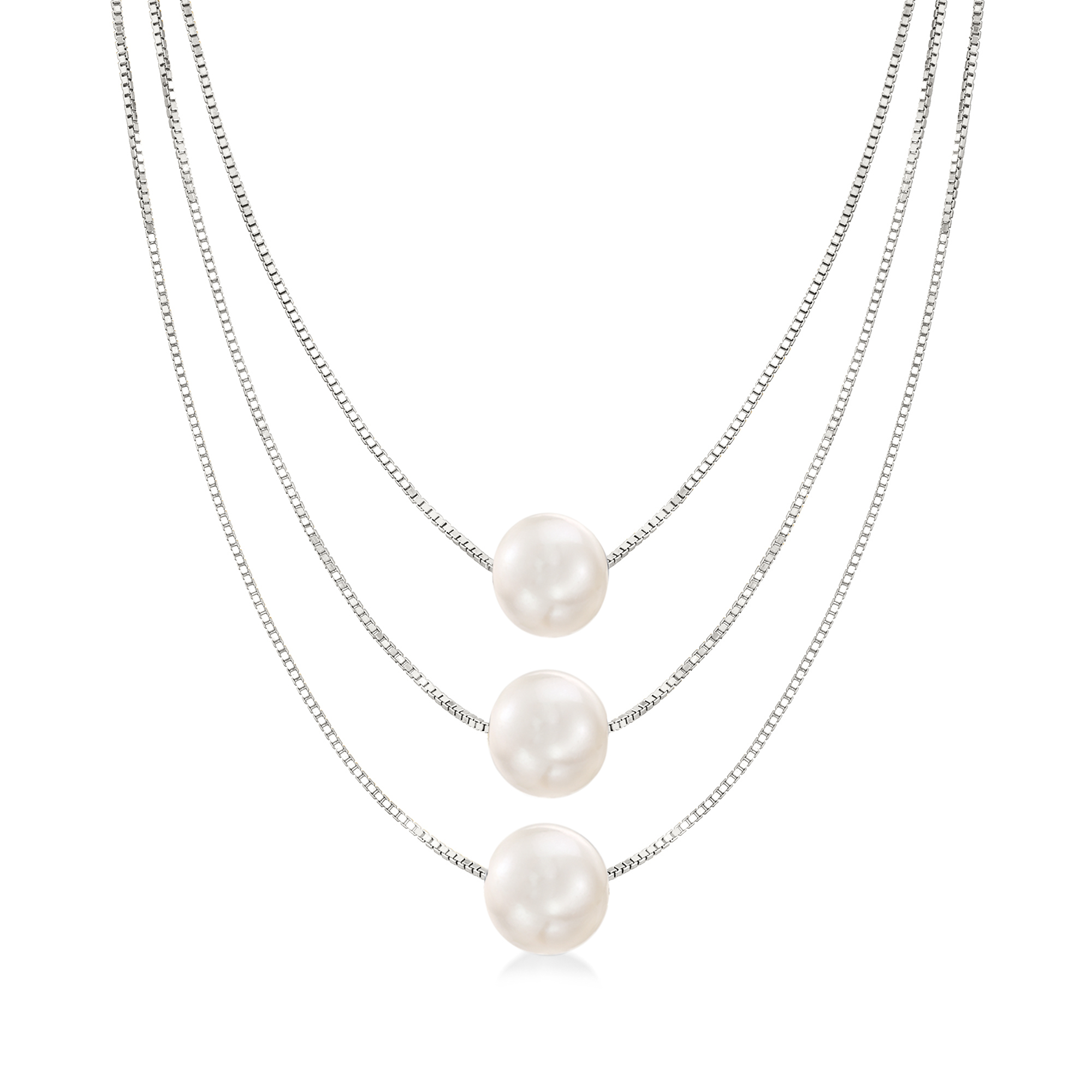 9 9.5mm Cultured Pearl Three Strand Layered Necklace in Sterling Silver